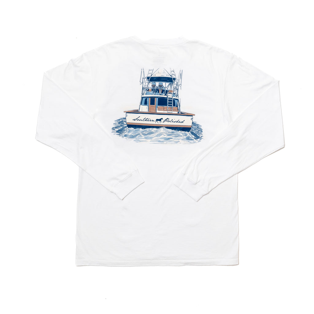 Charter Boat Long Sleeve Pocket Tee White Southern Polished
